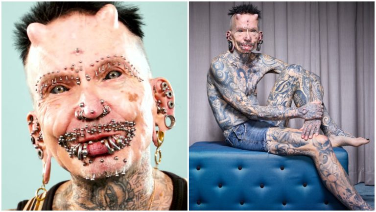 A man with 560 piercings, countless tattoos, and forehead implants ...